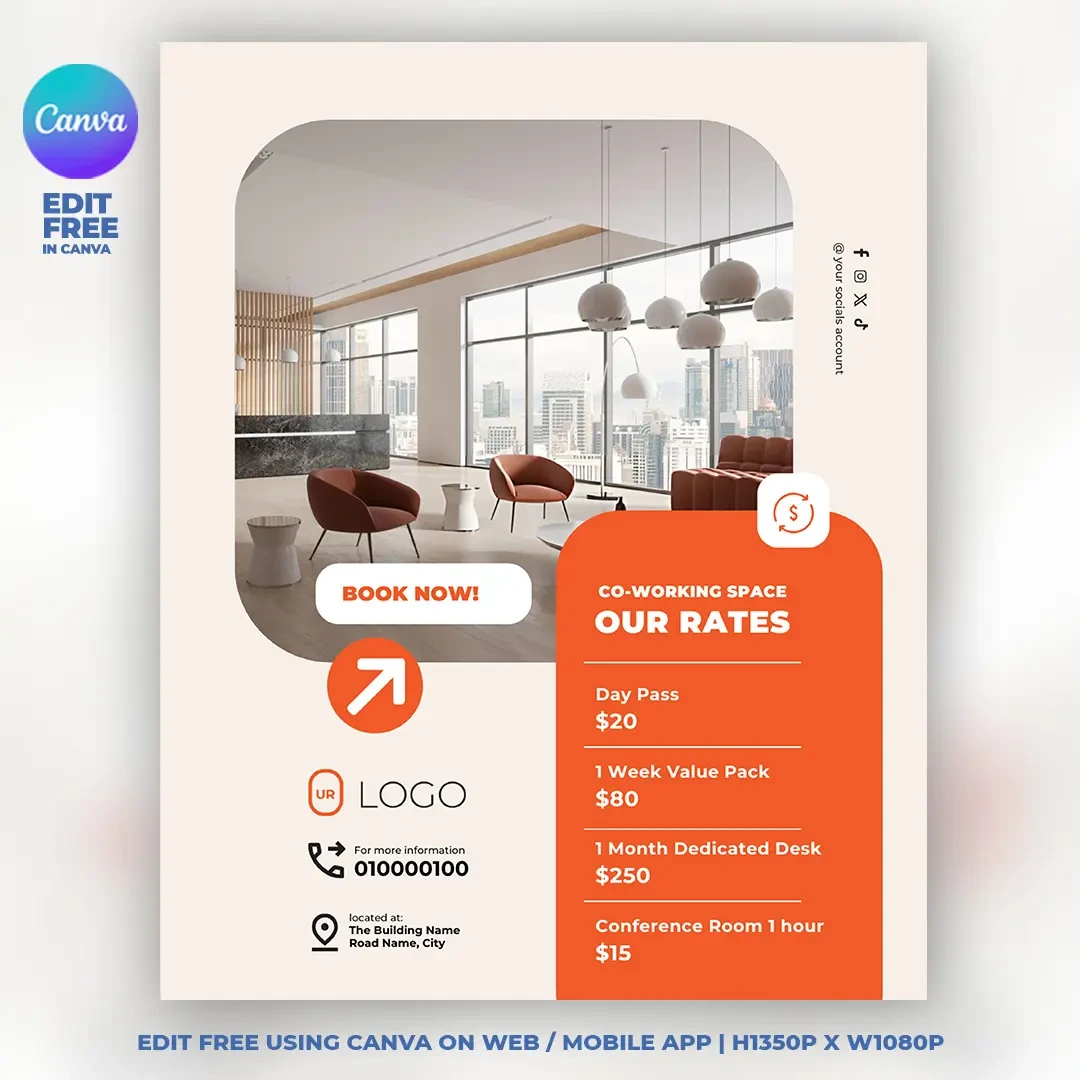 Easy To Customize Coworking Space Rates Flyer Template
